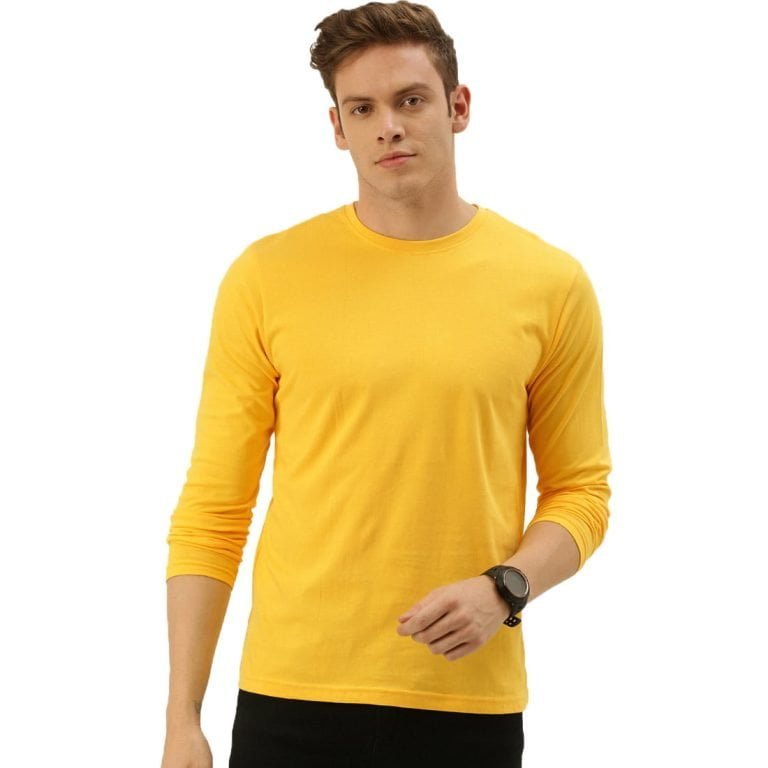 Men's Yellow Full Sleeve Round Neck Plain T-Shirt - Crazy Punch