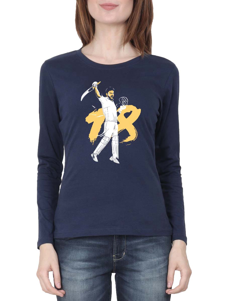Jersey Number 18 Women Full Sleeve Navy Blue Cricket T-Shirt - Crazy Punch