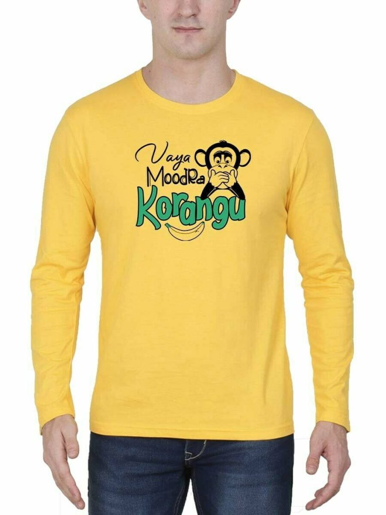 Vaaya Moodra Korangu Men Full Sleeve Yellow Vadivelu T Shirt - Crazy Punch
